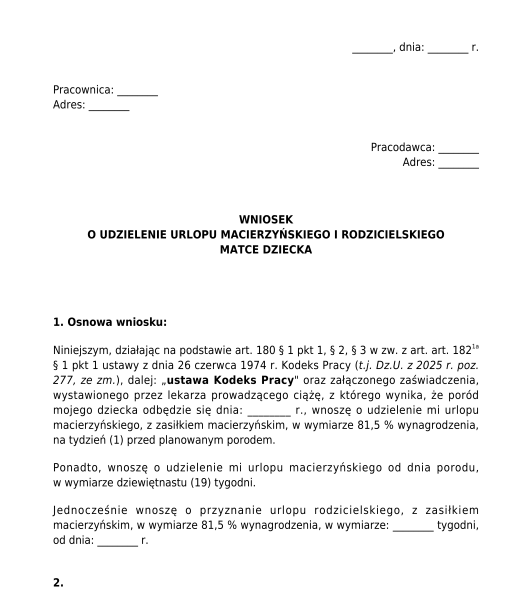 Wniosek matki o urlop macierzyński i rodzicielski przed i po porodzie