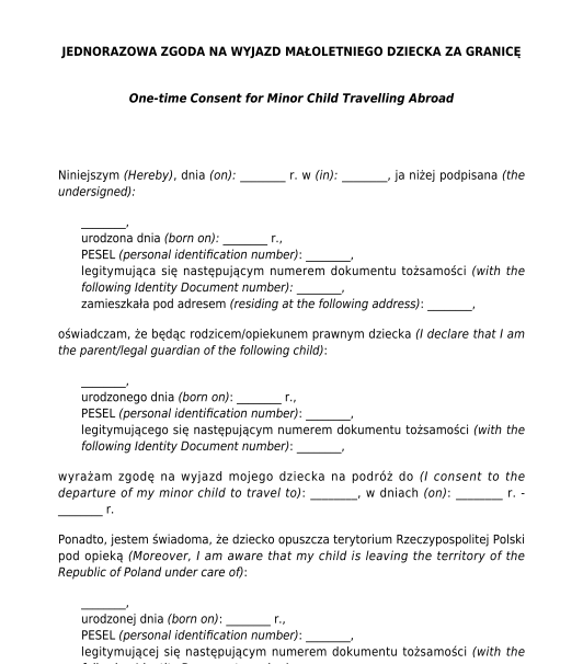 Zgoda na wyjazd dziecka za granicę - wzór, przykład