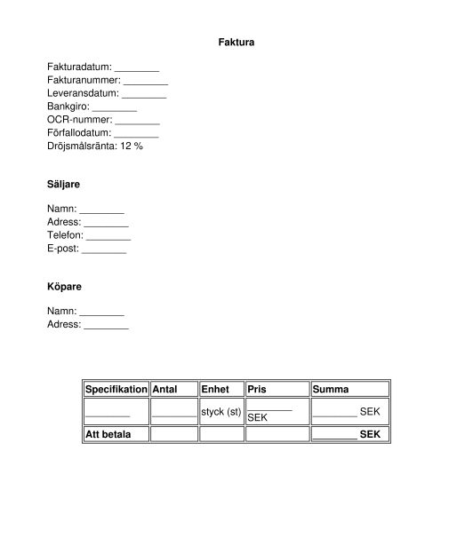 Faktura - mall, exempel att fylla i - Word och PDF