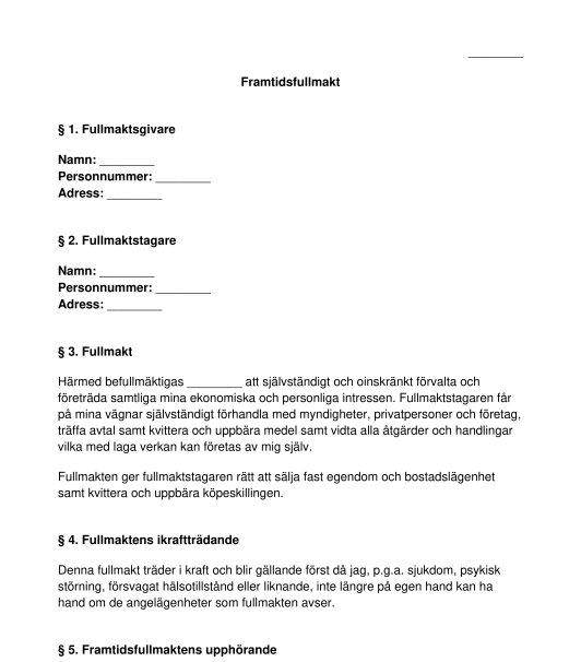 Framtidsfullmakt - mall, exempel online - Word och PDF