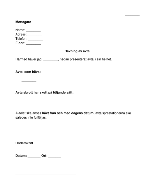 Hävning av avtal - mall, exempel online - Word och PDF