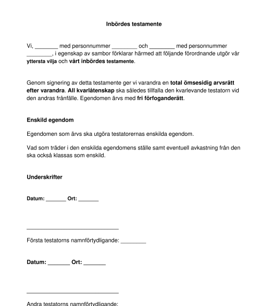 Inbördes testamente - mall, exempel - Word och PDF