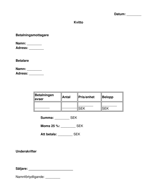 Kvitto - mall, exempel att fylla i - Word och PDF