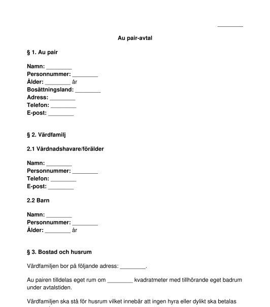 Au pair-avtal - mall, exempel online - Word och PDF