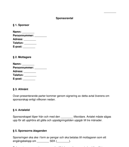 Sponsoravtal - mall, exempel att fylla i - Word och PDF
