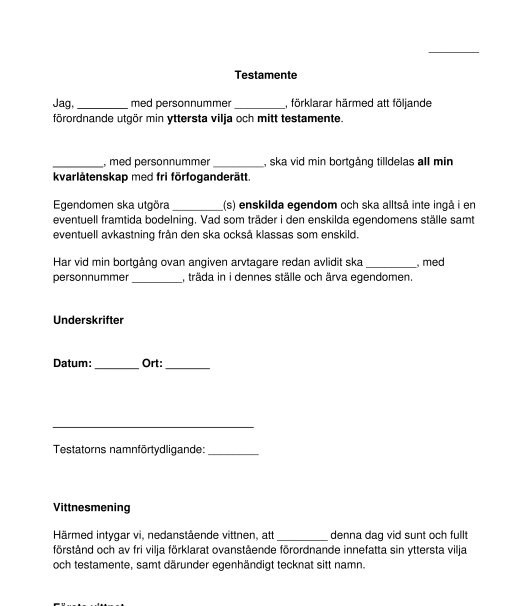 Testamente - mall, exempel att fylla i - Word och PDF