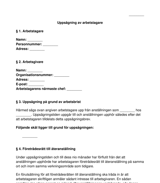 Uppsägning av arbetstagare - mall, exempel
