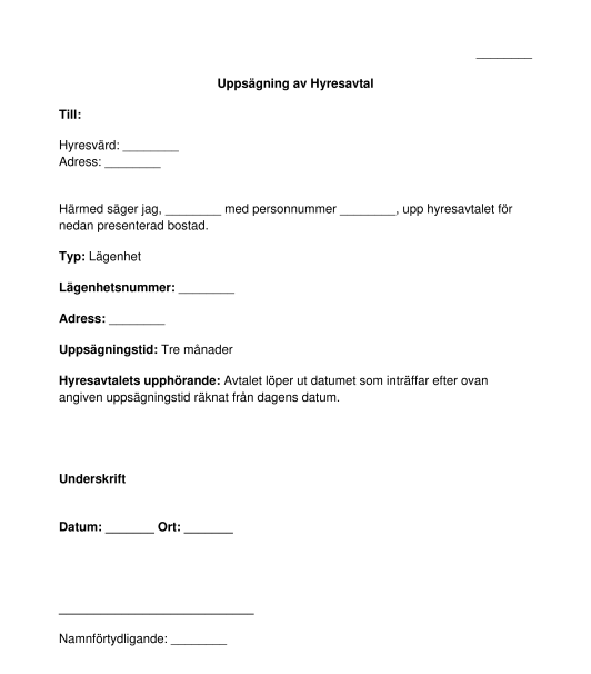 Uppsägning av hyresavtal från hyresgästens sida - mall