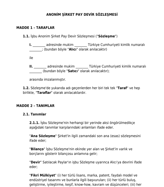 Anonim Şirket Pay Devir Sözleşmesi - örnek, şablon