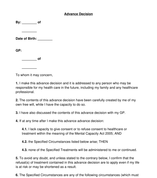 Advance Decision to Refuse Treatment - Sample, Template