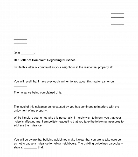 Letter about Nuisance to Neighbours - Sample, Template