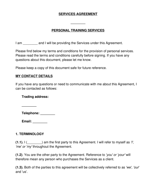 Personal Trainer Agreement - Template - Word & PDF