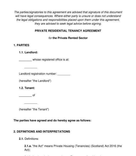 Private Residential Tenancy Agreement (Scotland)