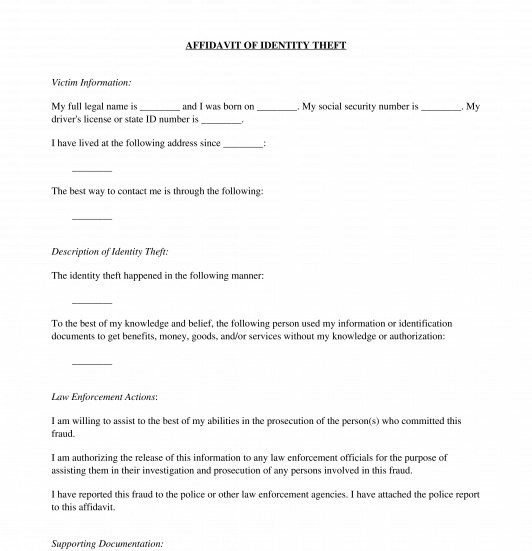 Affidavit of Identity Theft - Template - Word & PDF