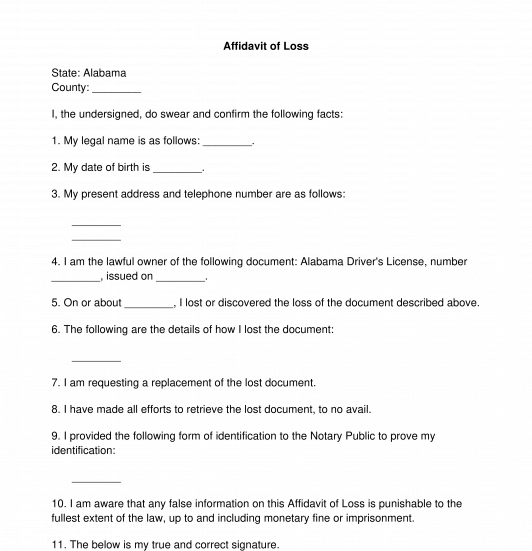 Affidavit of Loss - Sample, Template - Word & PDF