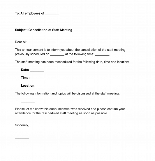 Cancellation of Staff Meeting - Template - Word and PDF