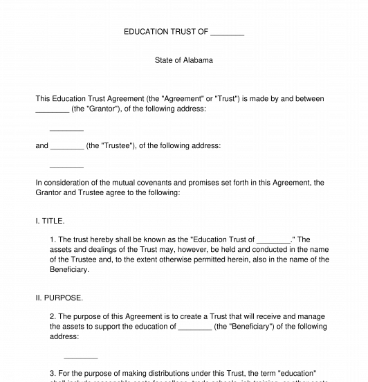 Education Trust Agreement - Template - Word & PDF