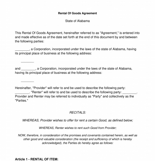 Rental of Goods Agreement - Template - Word & PDF