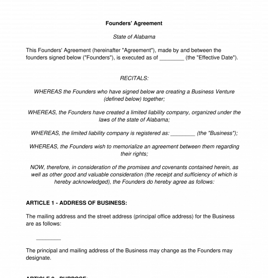 Founders' Agreement - Sample, Template - Word & PDF