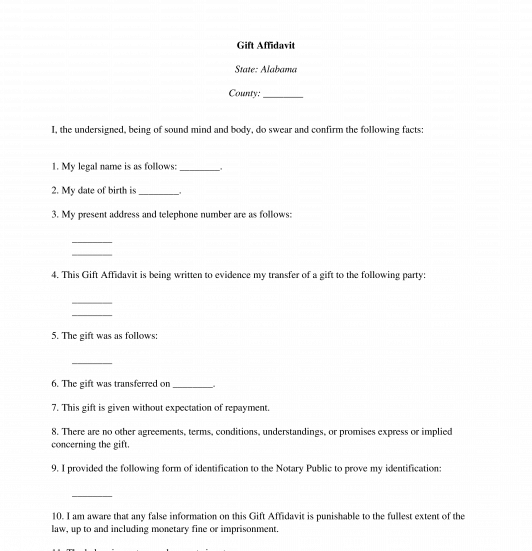 Gift Affidavit - Template, Online Sample - Word and PDF