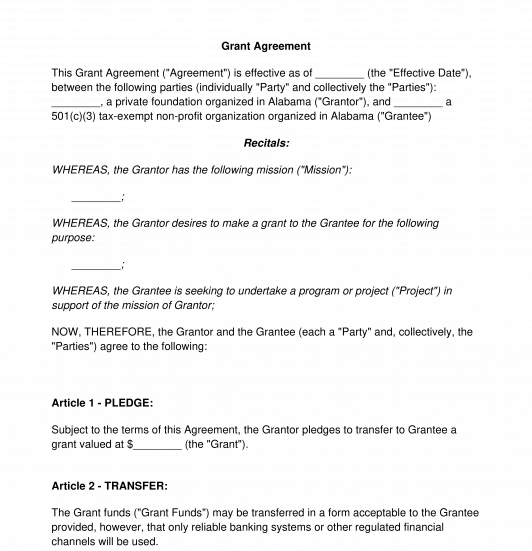 Grant Agreement - Sample, Template - Word & PDF