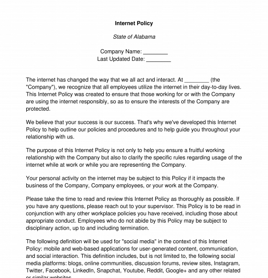 Internet Policy for Employees - Template - Word and PDF