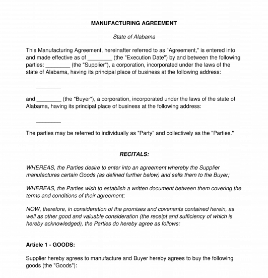 Manufacturing Agreement - FREE - Sample, Template