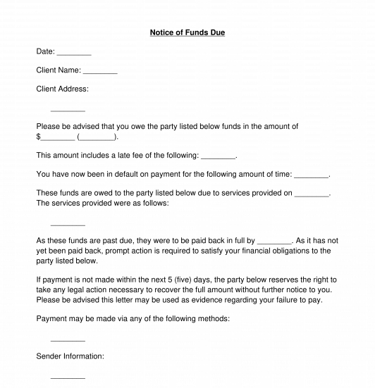 Notice of Funds Due for Client - Sample, Template