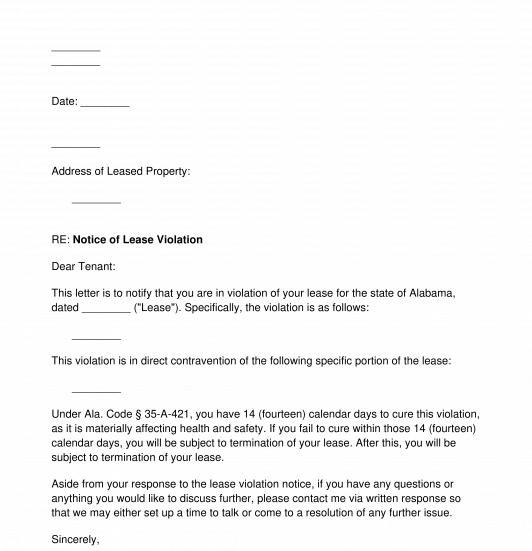 Notice of Lease Violation - FREE - Sample, Template