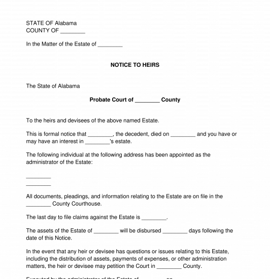 Notice to Heirs - Sample, Template - Word & PDF