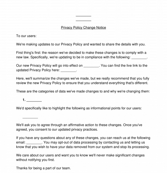 Privacy Policy Change Notice - Template - Word and PDF