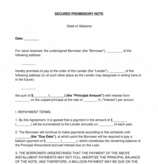 Secured Promissory Note - Template - Word & PDF