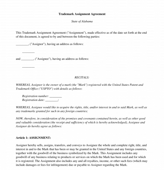 Trademark Assignment - Sample, Template - Word and PDF