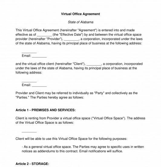 Virtual Office Agreement - Template - Word & PDF