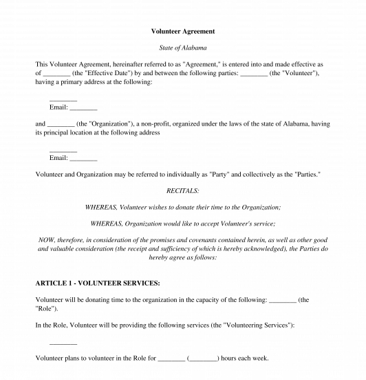 Volunteer Agreement - Sample, Template - Word & PDF